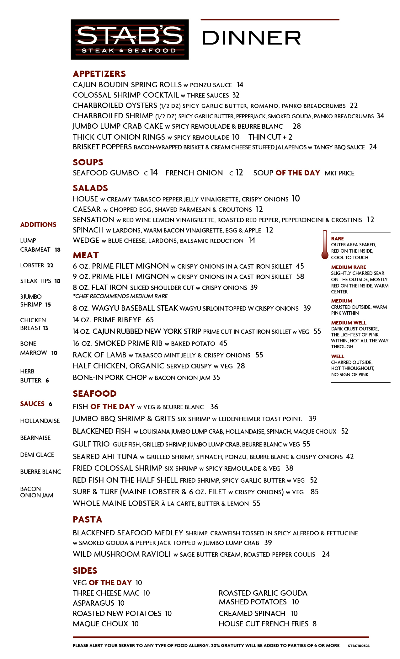 Stab's Steak & Seafood Restaurant | Menus